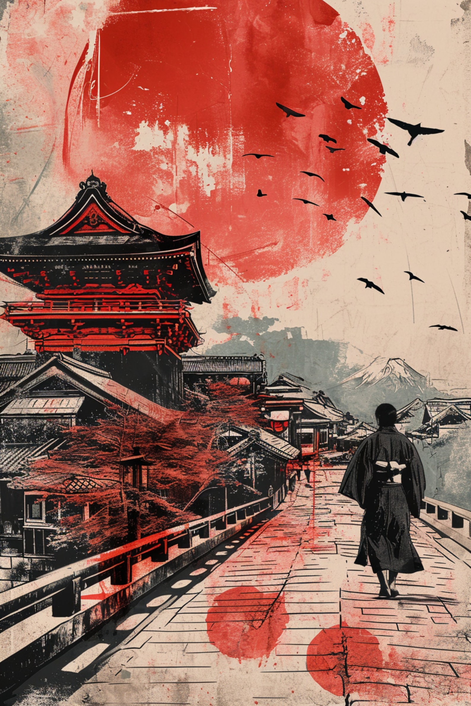Japan Theme Print Mount Fuji, Castle, Sun, Canvas, Digital, Printable ...