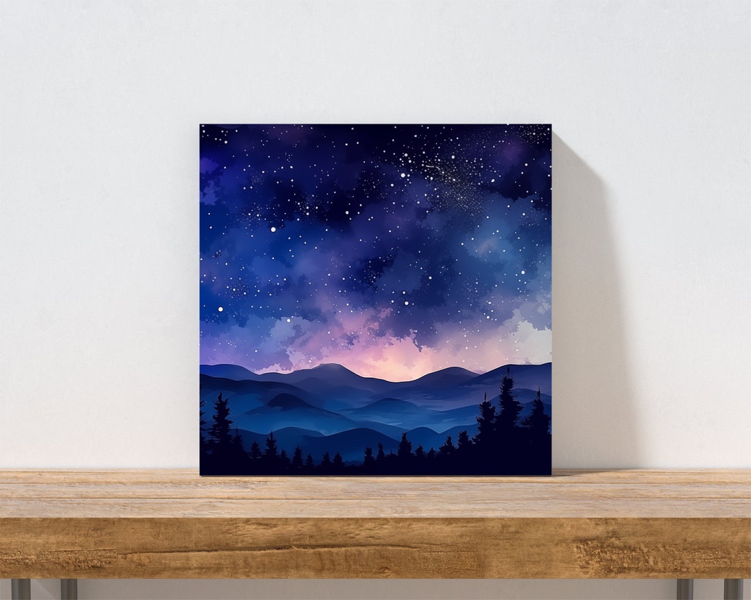 Watercolor Starry Night Sky Canvas Watercolor Night Sky Watercolor Moon ...