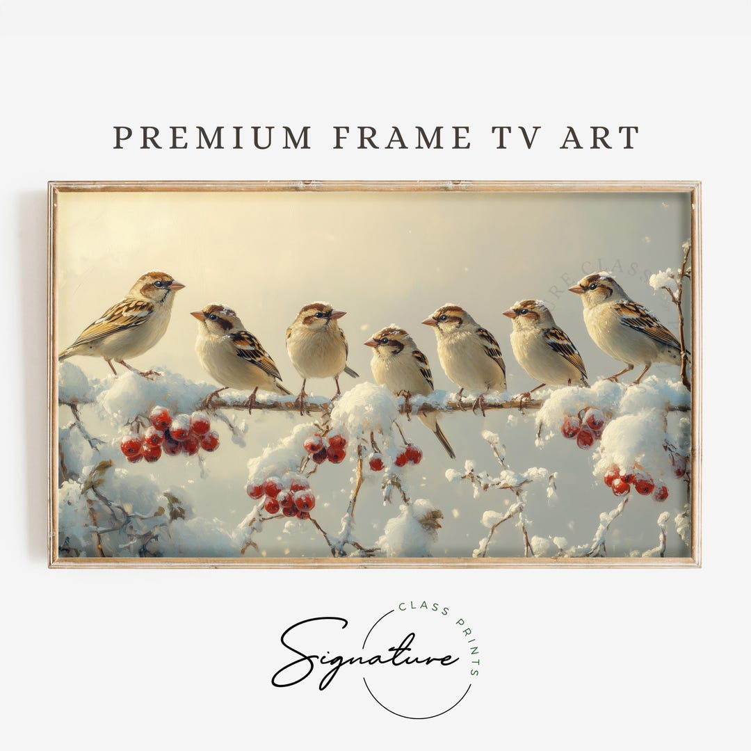 Sparrows on Snowy Branch Winter Frame TV Art, Winter Bird Cottagecore ...