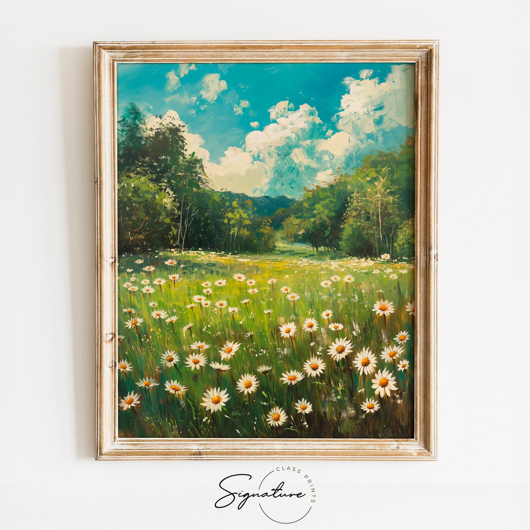 Printable Spring Meadow Painting - Scattered Daisy Blooms in Fresh ...