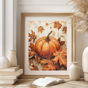 Printable Pumpkin With Autumn Leaves Painting Cozy Fall Decor, Rustic ...