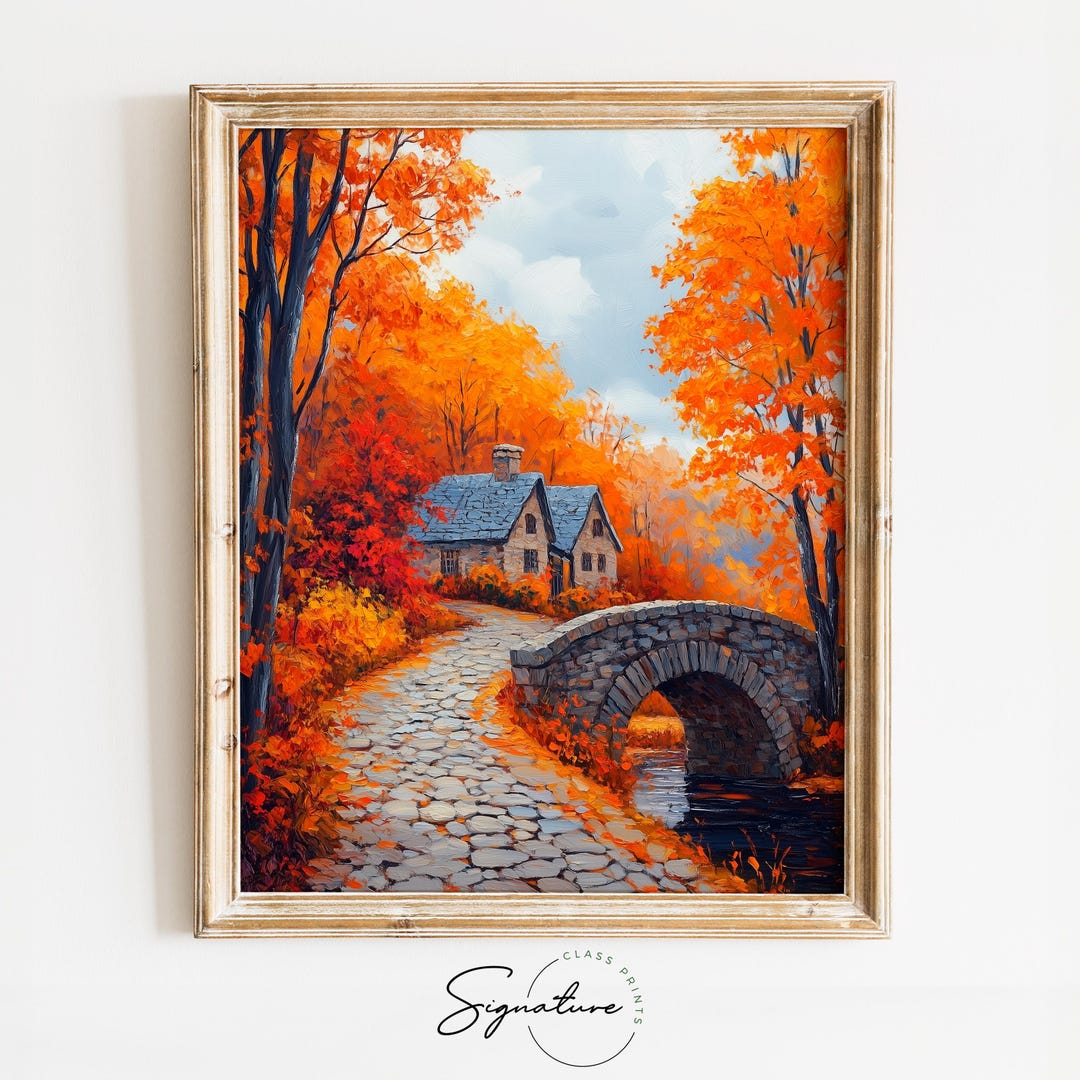 Cobblestone Village Path With Autumn Trees and Stone Bridge - Rustic ...