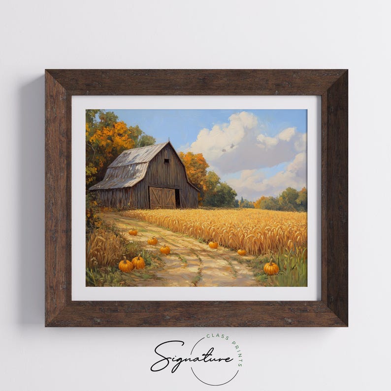Rustic Barn Amid Autumn Fields Painting, Cozy Fall Farmhouse Decor ...