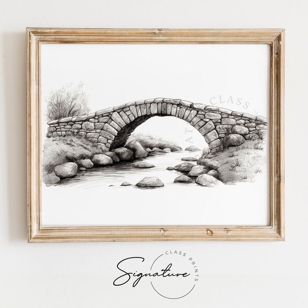 Old Stone Bridge Over a Creek Sketch - Rustic Landscape Drawing ...