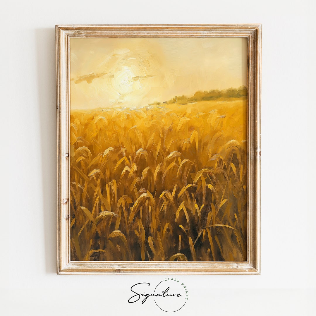 Printable Wheat Field at Sunset Painting Warm Golden Light on Glowing ...
