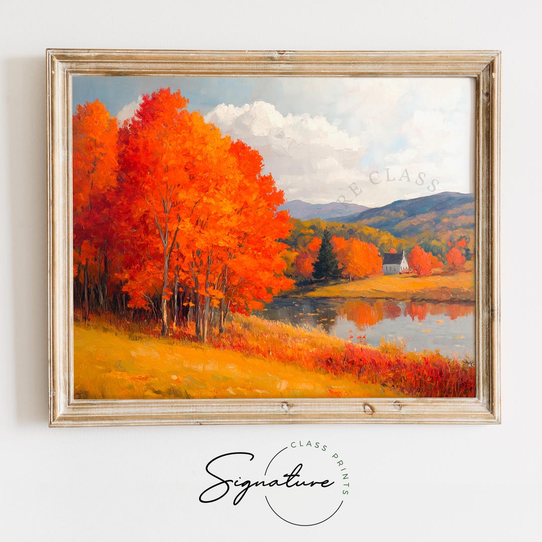 Fiery Maple Trees in Vermont Painting, Vibrant Autumn Scene, Earthy ...