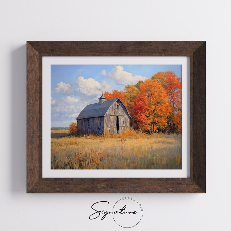 Vintage Rustic Barn Fall Landscape Painting, Autumn Fields Wall Art ...