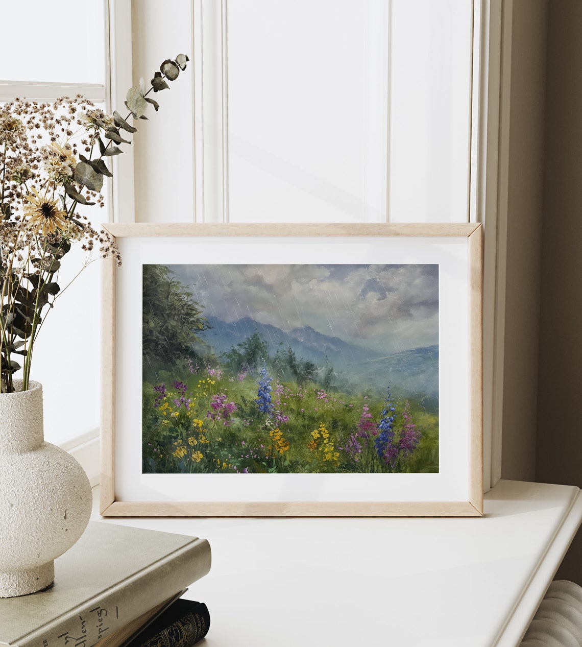 Printable Rainy Day Wildflower Meadow - Tranquil Nature Artwork, Summer ...