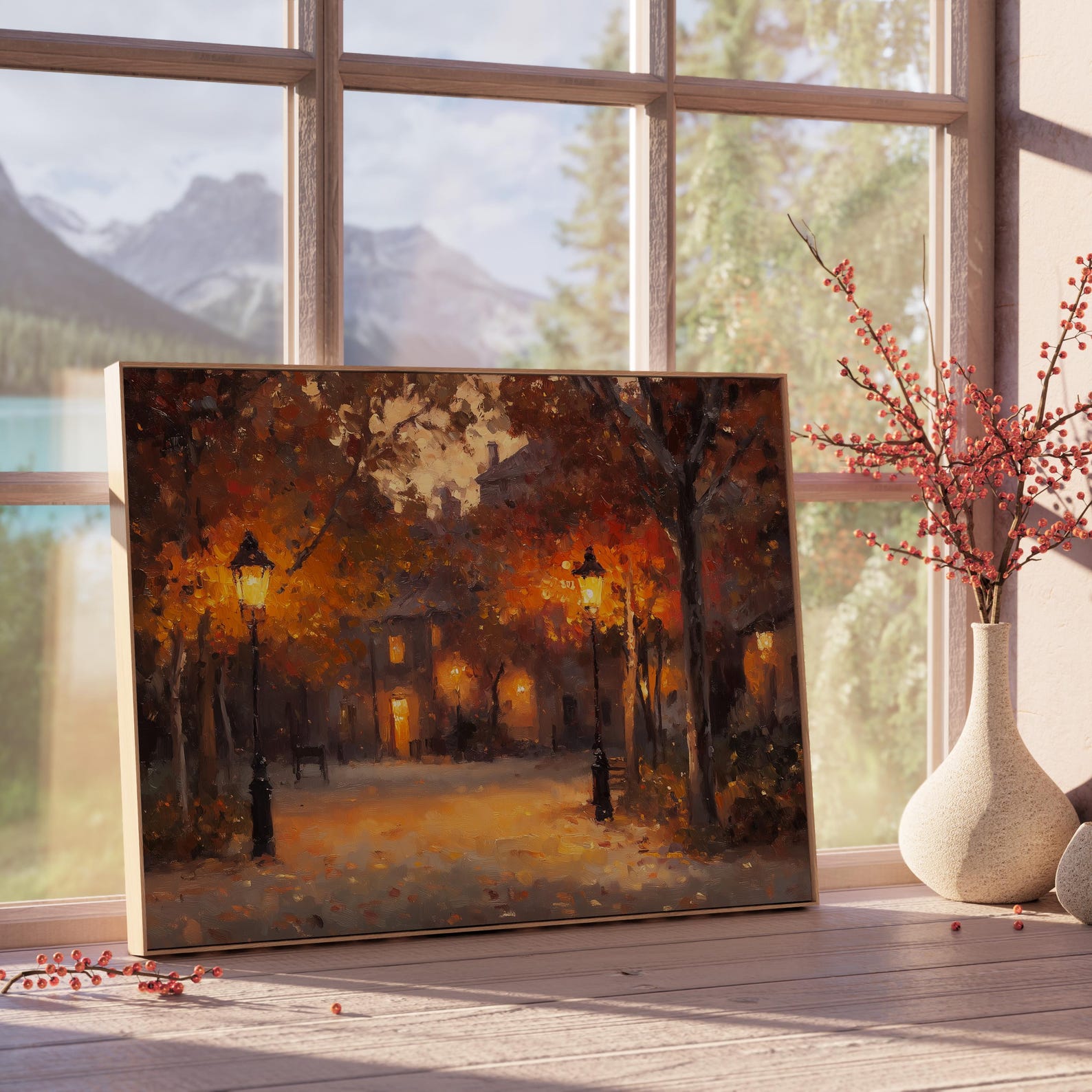 Cozy Autumn Town Square at Dusk Painting, Earthy Fall Decor, Moody Lamp ...