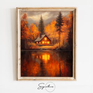 Printable Cozy Autumn Cabin by the Lake - Rustic Fall Cottage Art, Warm ...