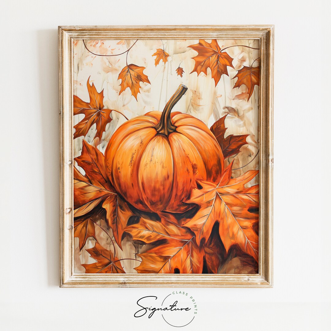 Printable Pumpkin With Autumn Leaves Painting Cozy Fall Decor, Rustic ...