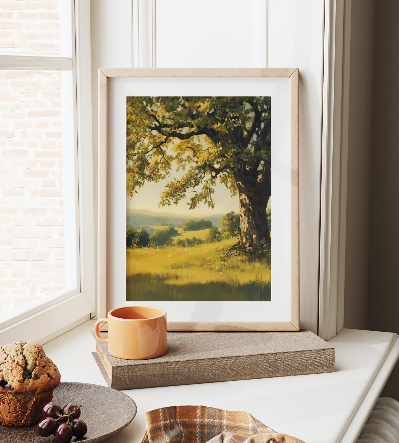 Printable Oak Tree in English Countryside Sunlit Grassy Meadow Art, Rustic Summer Landscape ...
