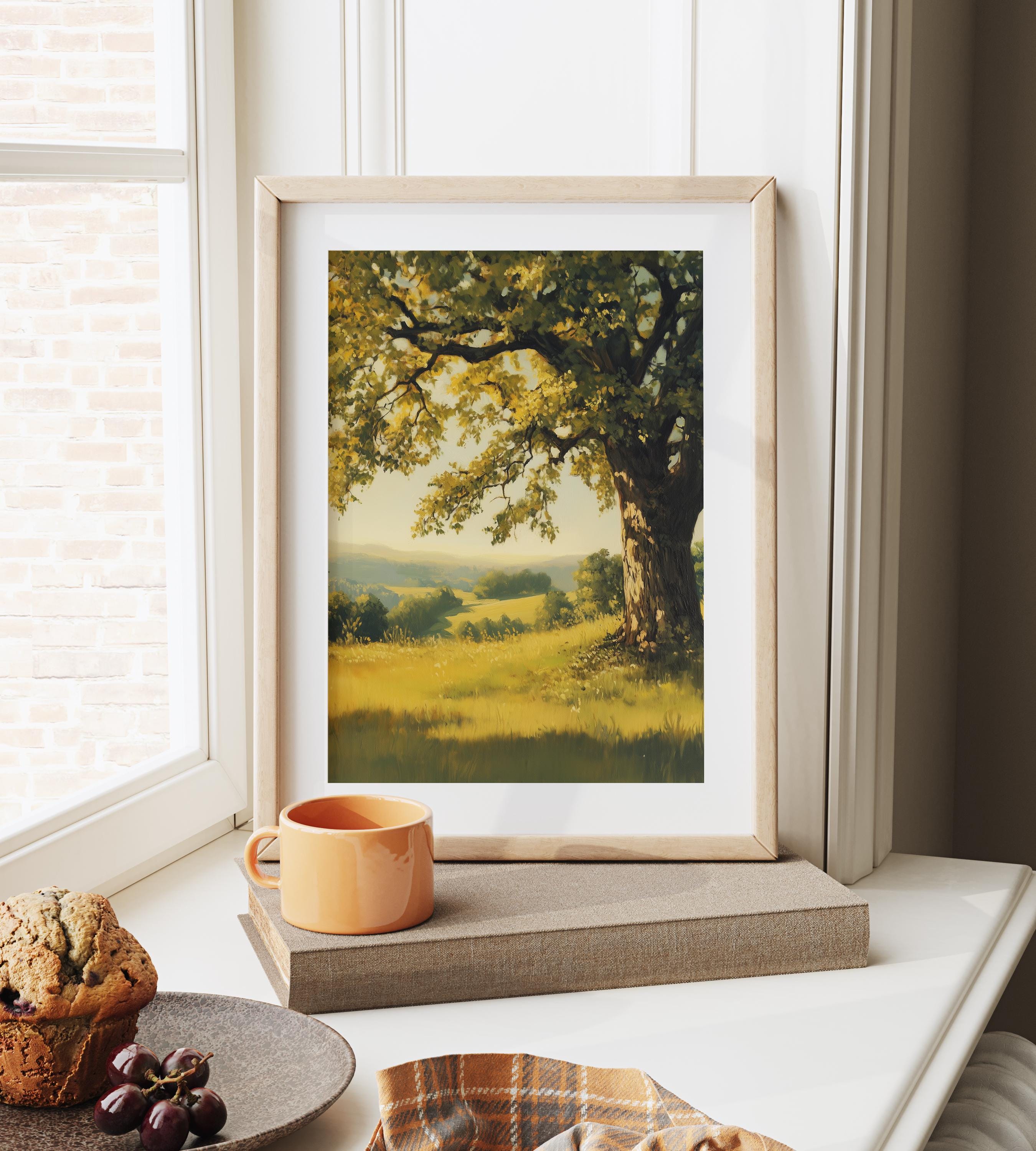 Printable Oak Tree in English Countryside Sunlit Grassy Meadow Art ...