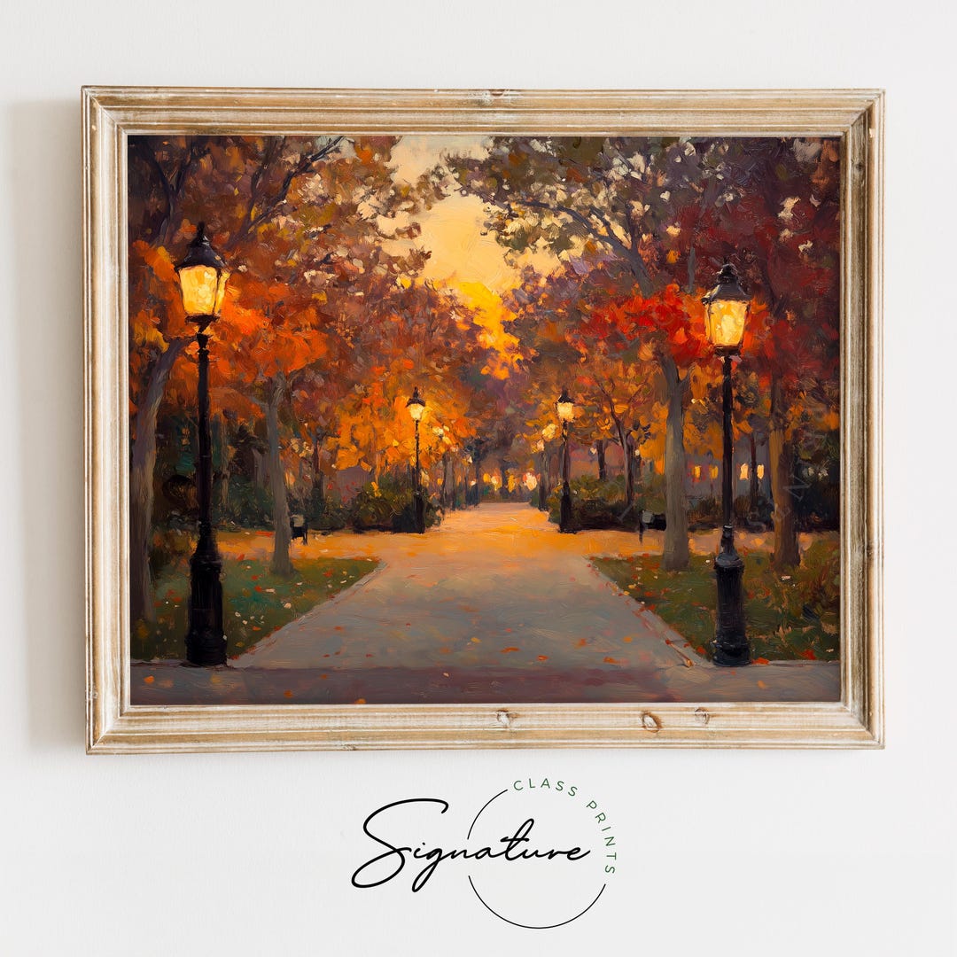 Rustic Autumn Town Square at Sunset Painting, Cozy Fall Evening, Earthy ...