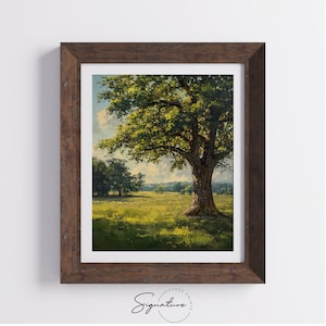 Printable Solitary Oak Tree Painting - Majestic Tree in Green Meadow ...
