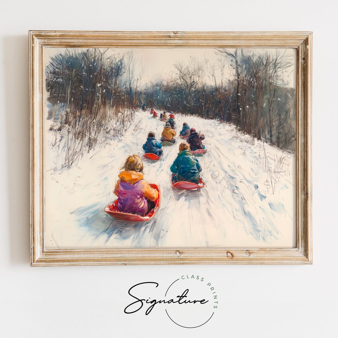 Children Sledding Downhill Printable Art - Rustic Winter Holiday Scene ...