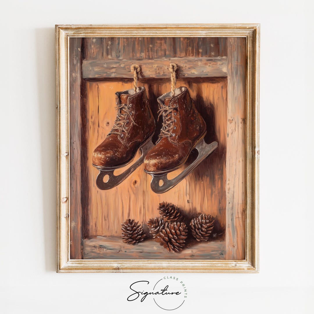 Ice Skates Hanging on Rustic Door Vintage Christmas Painting, Winter ...