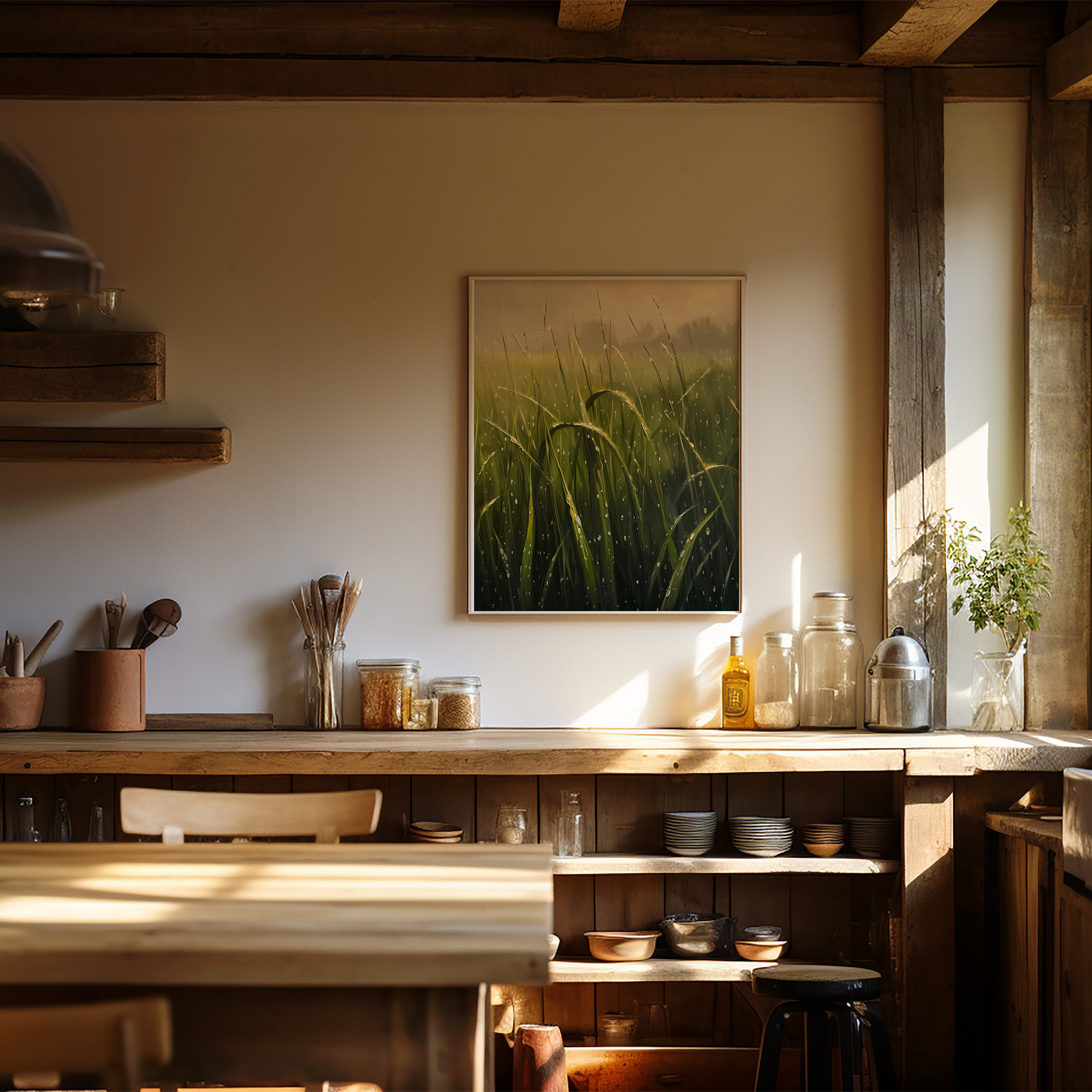 Printable Tall Grass With Morning Dew Painting - Fresh Dew Drops on ...
