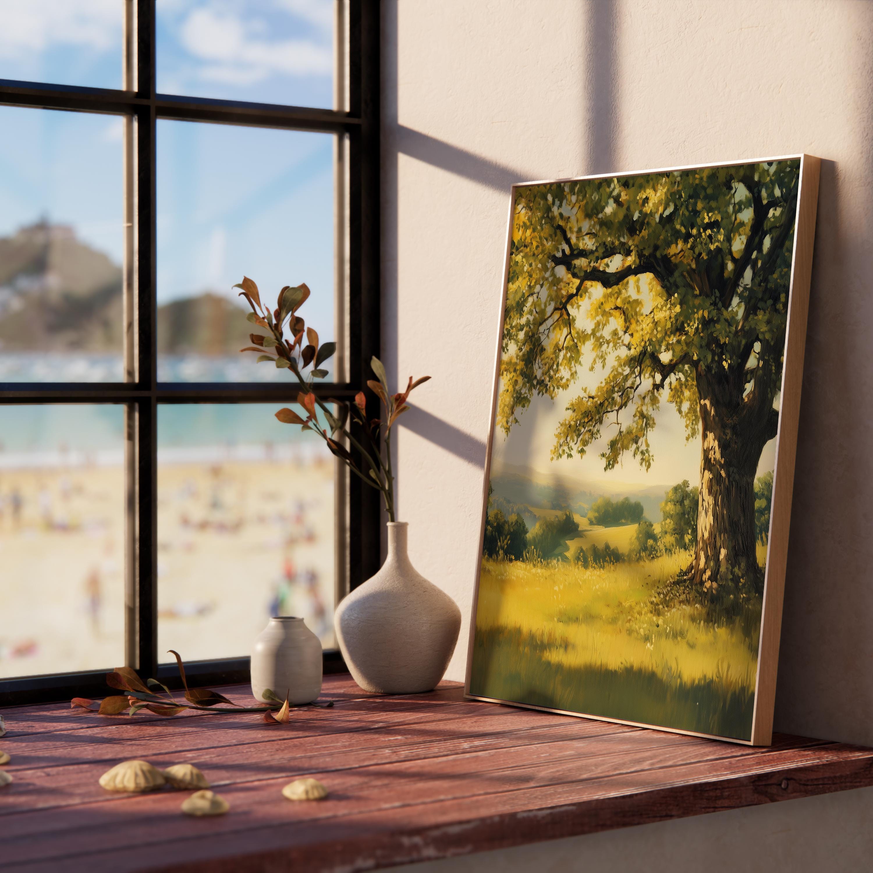 Printable Oak Tree in English Countryside Sunlit Grassy Meadow Art ...