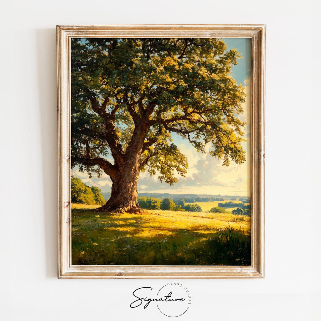 Printable Oak Tree in English Countryside - Grassy Meadow Art, Tranquil ...