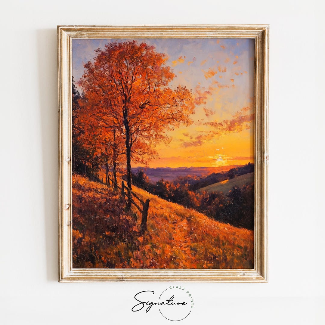Printable Sunset on Autumn Hillside - Rustic Fall Landscape Art, Earthy ...