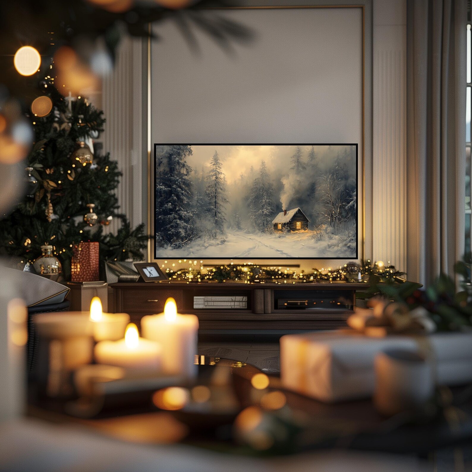Snowy Cabin With Smoke Frame TV Art, Cozy Christmas Country Scene ...