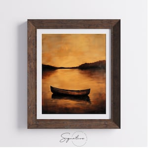 Sunset Boat Printable Art, Vibrant Lake Scene, Warm Water Canoe ...