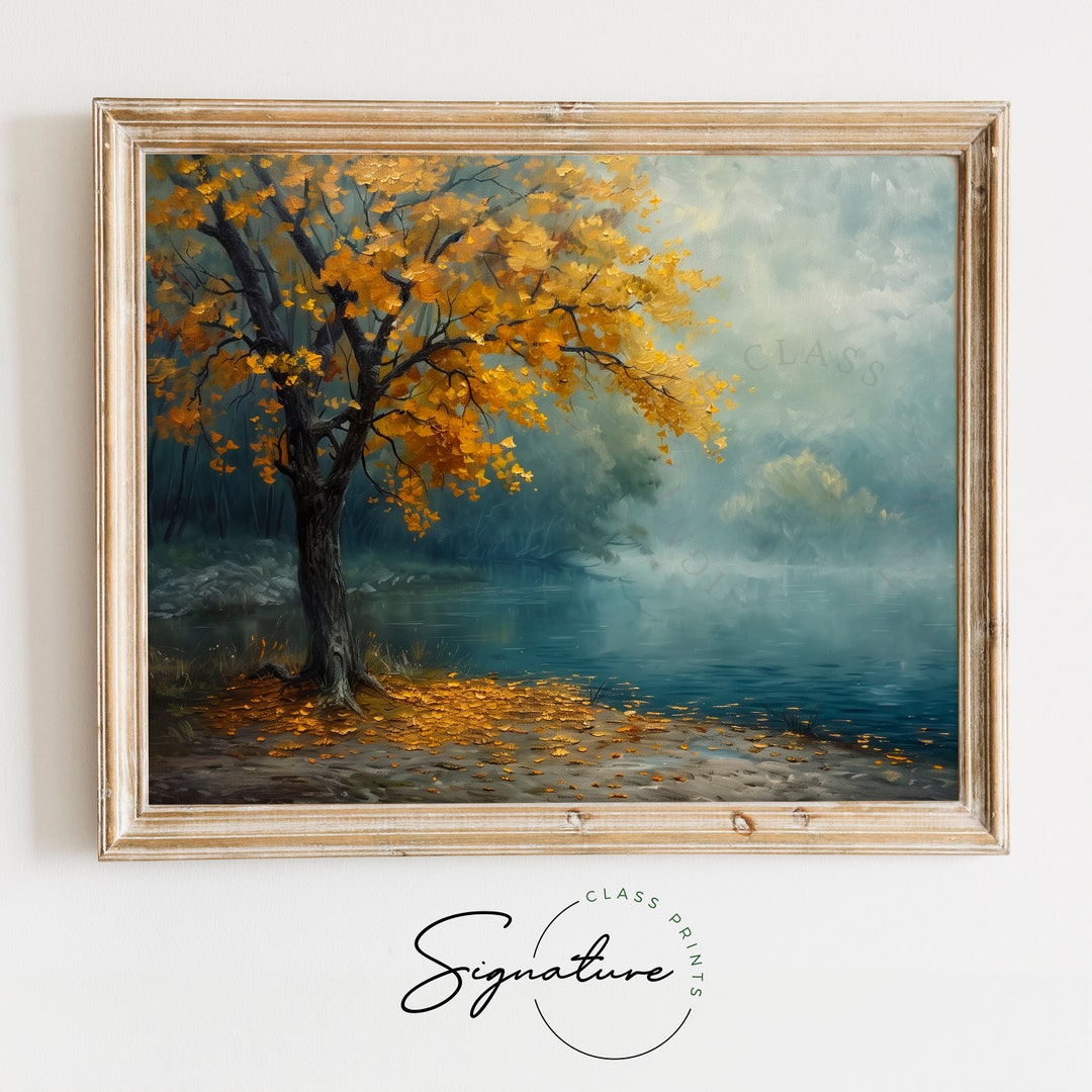 Printable Foggy Park Chestnut Tree Painting - Misty Autumn Landscape ...