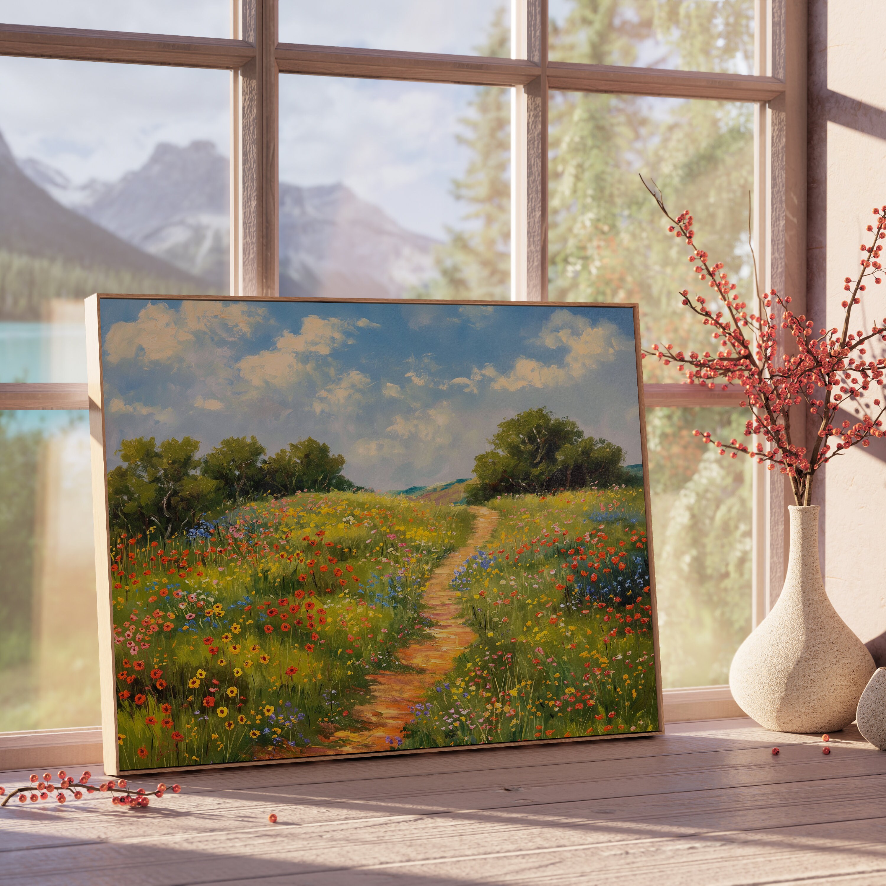 Printable Wildflower Field Painting - Country Path Artwork, Rustic ...