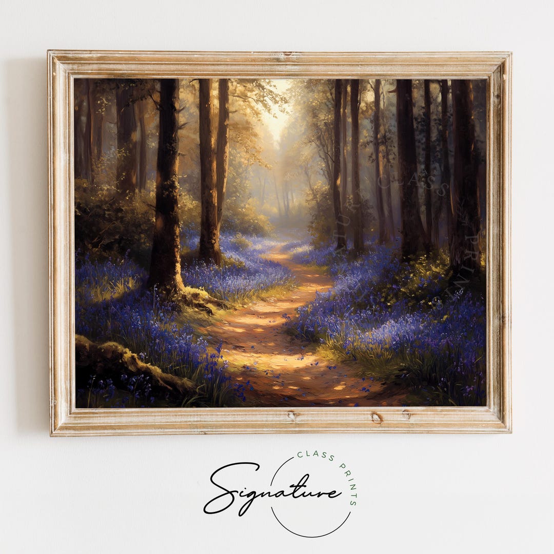 Vintage Bluebell Forest Wall Art, Spring Woodland Path Print, Moody ...