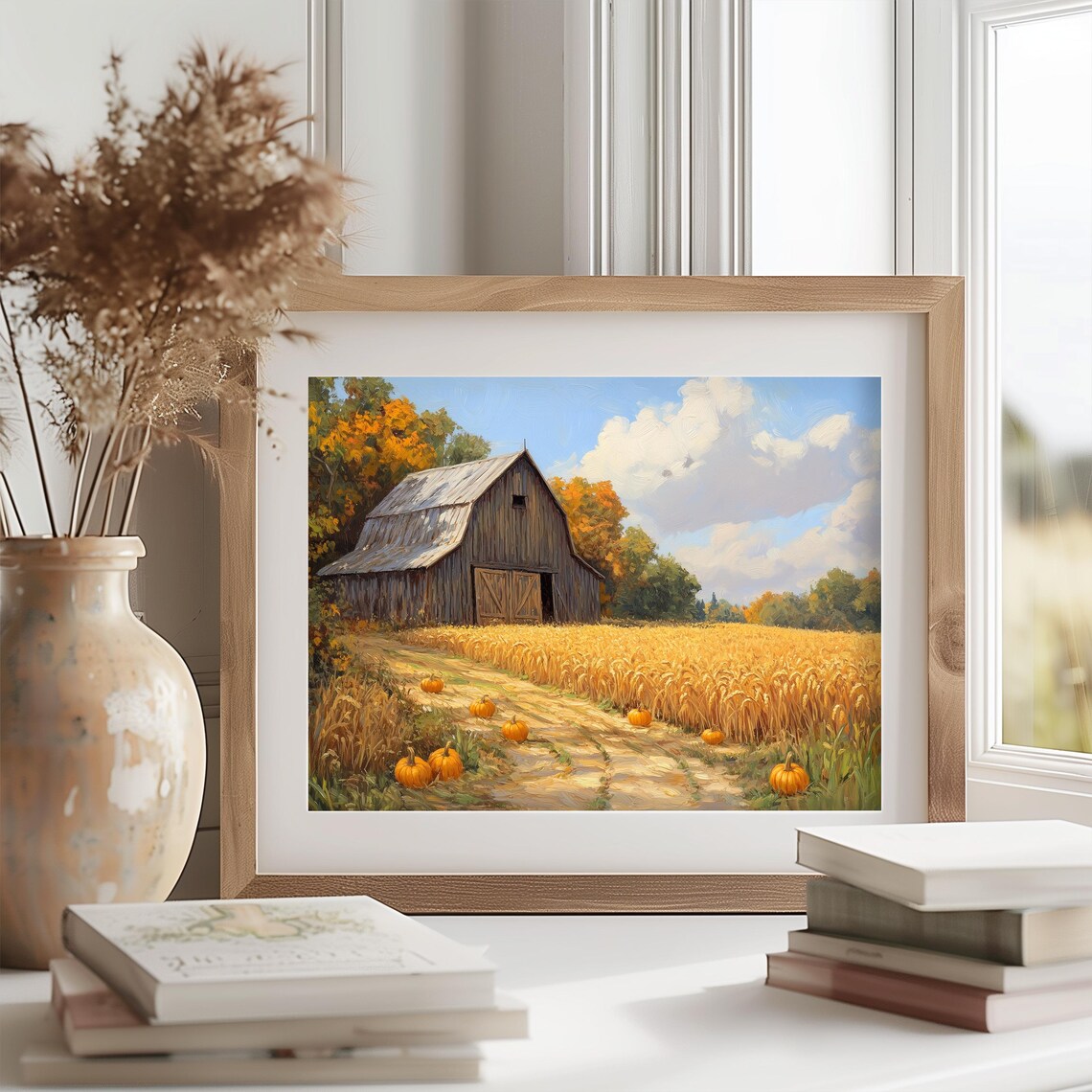 Rustic Barn Amid Autumn Fields Painting, Cozy Fall Farmhouse Decor ...
