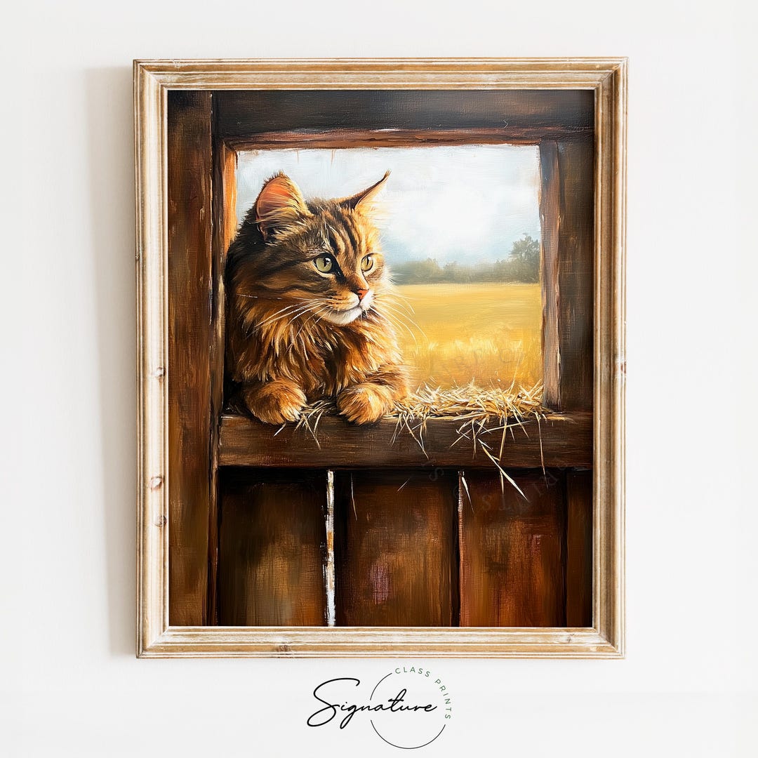 Printable Rustic Barn Cat Painting - Oil Painting of Cat in Hayloft ...