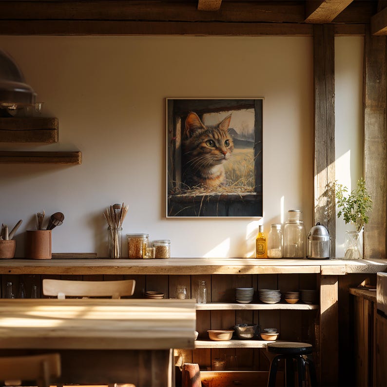 Rustic Barn Cat in Hayloft Window - Charming Farmhouse Animal Art ...