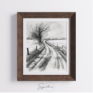 Printable Early Frost on Country Road Sketch - Rustic Winter Scene Art ...