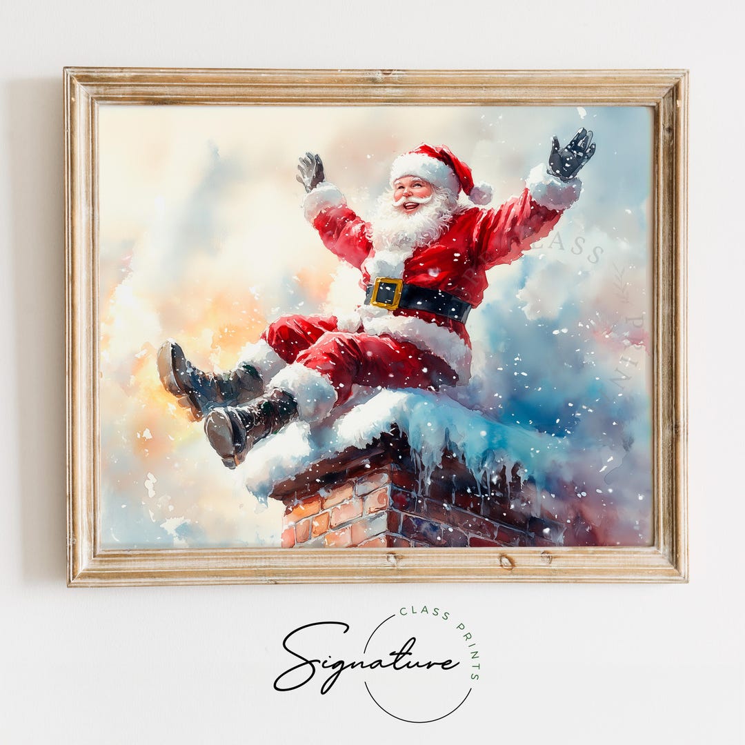 Festive Christmas Wall Art Santa Claus on Chimney in Snow, Playful Holiday Decor, Cheerful ...