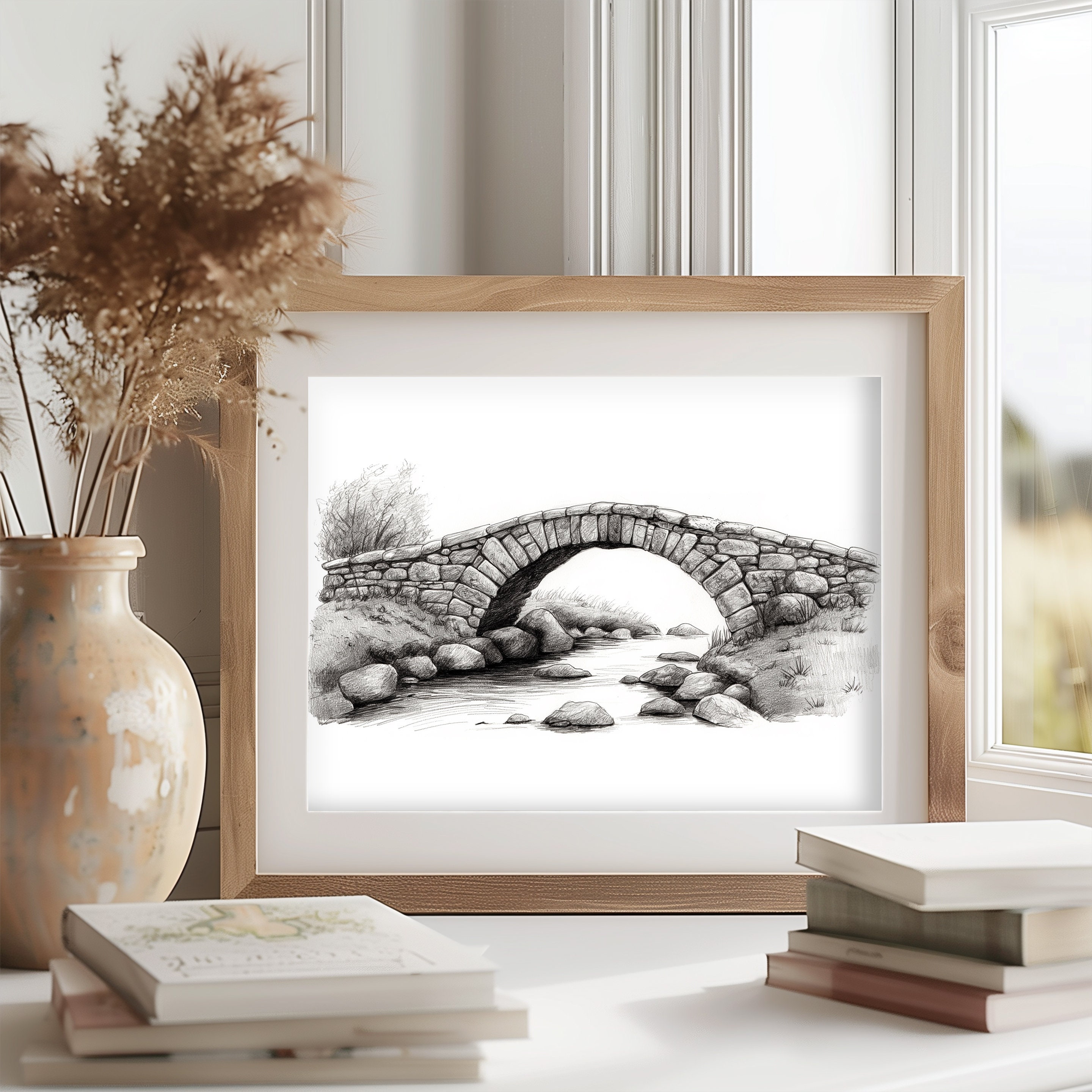 Old Stone Bridge Over a Creek Sketch - Rustic Landscape Drawing ...