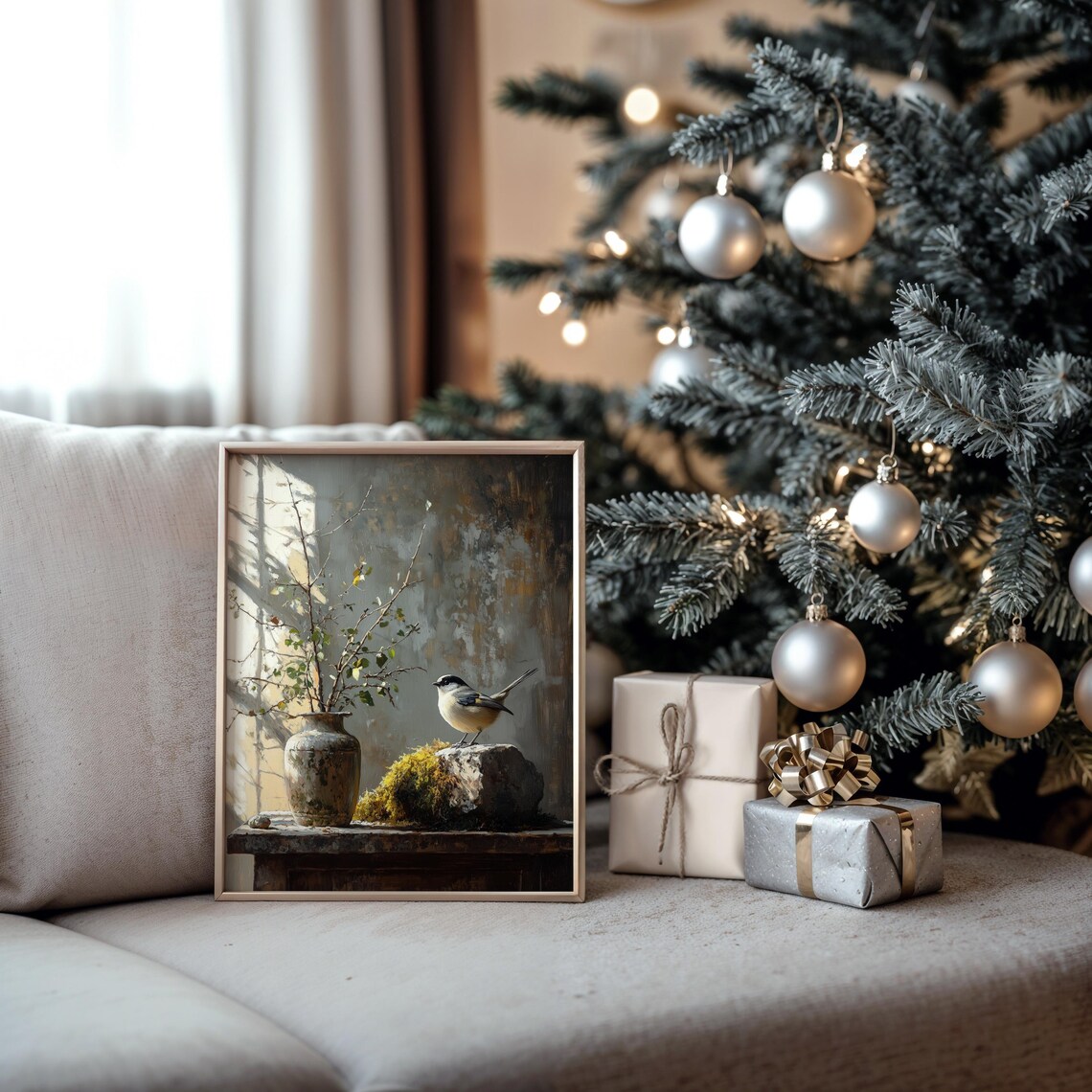 Winter Bird in Forest Printable Art - Rustic Christmas Cottagecore Wall ...