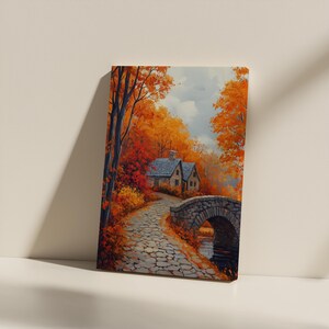 Cobblestone Village Path With Autumn Trees and Stone Bridge - Rustic ...