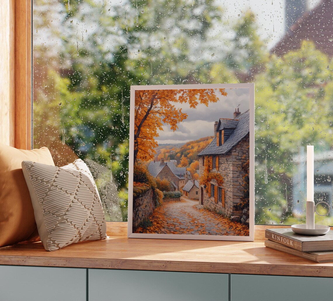 Autumn Village Lane With Stone Cottages and Ivy - Rustic Fall Landscape ...