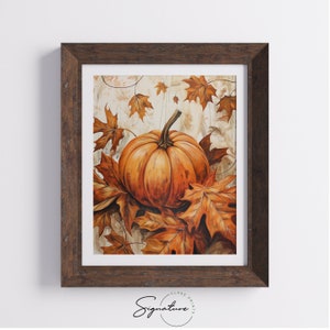 Printable Pumpkin With Autumn Leaves Painting Cozy Fall Decor, Rustic ...