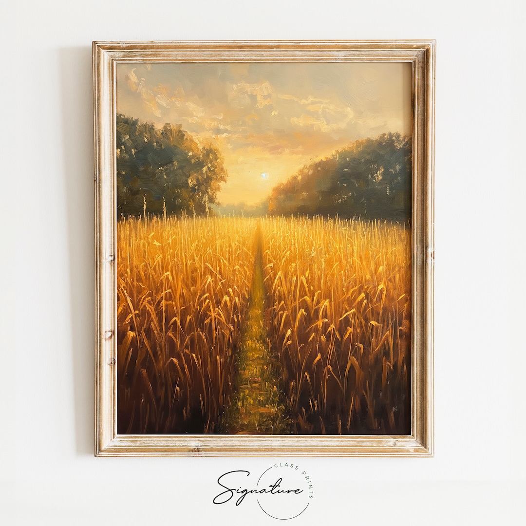 Printable Sunlit Cornfield Painting - Radiant Golden Hour in Rustic ...