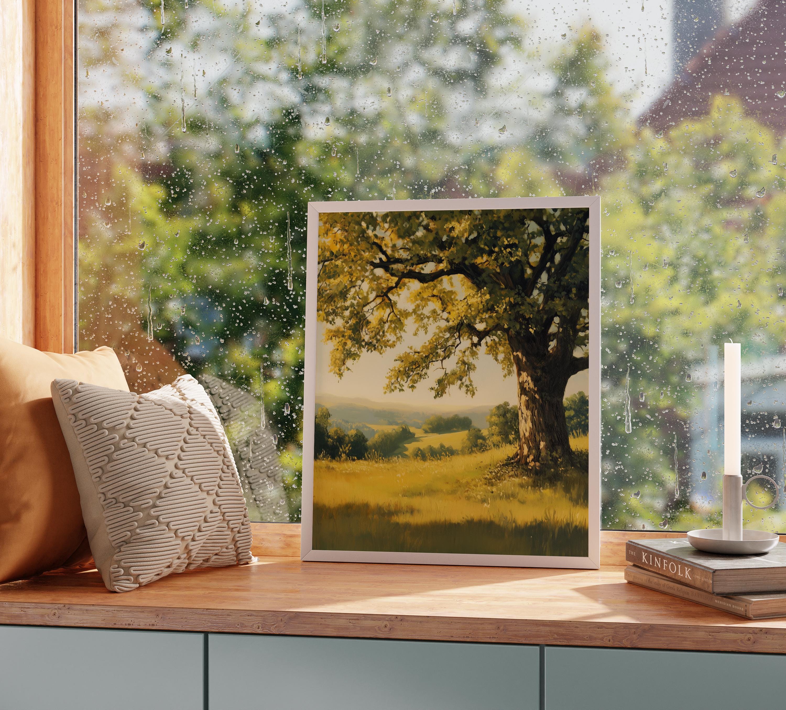 Printable Oak Tree in English Countryside Sunlit Grassy Meadow Art ...