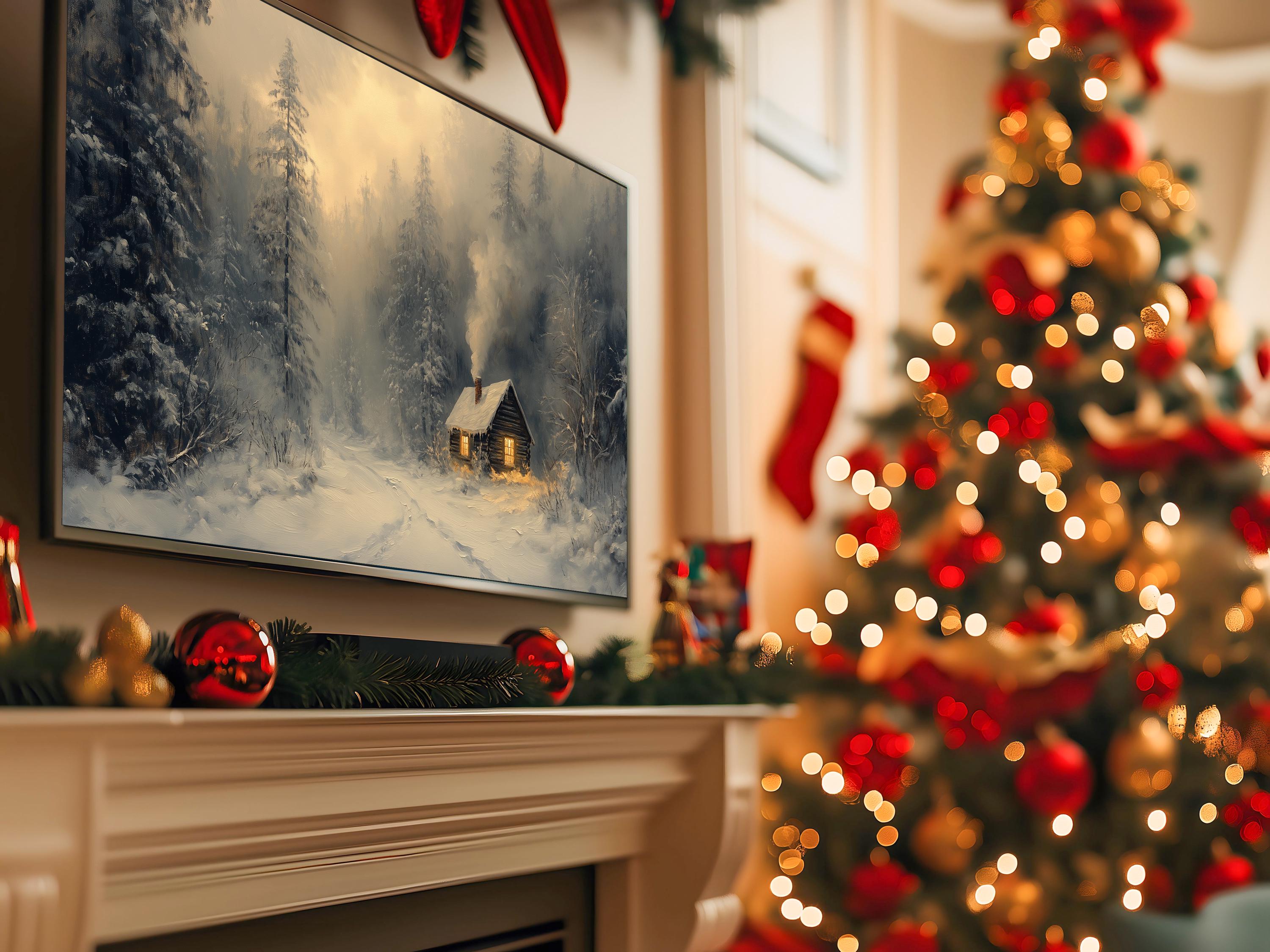 Snowy Cabin With Smoke Frame TV Art, Cozy Christmas Country Scene ...
