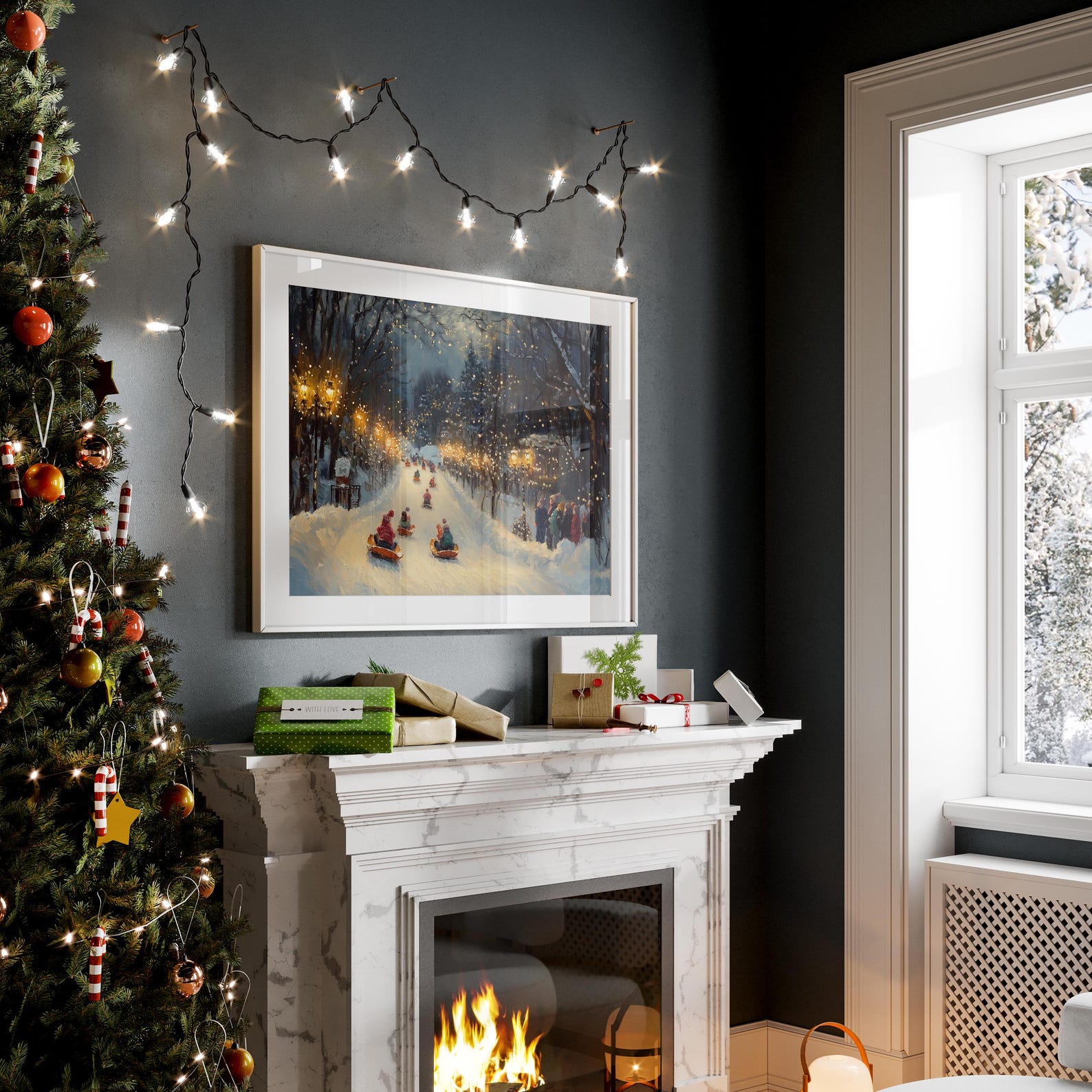 Kids on a Snowy Sledding Path in the Woods - Festive Holiday Scene ...