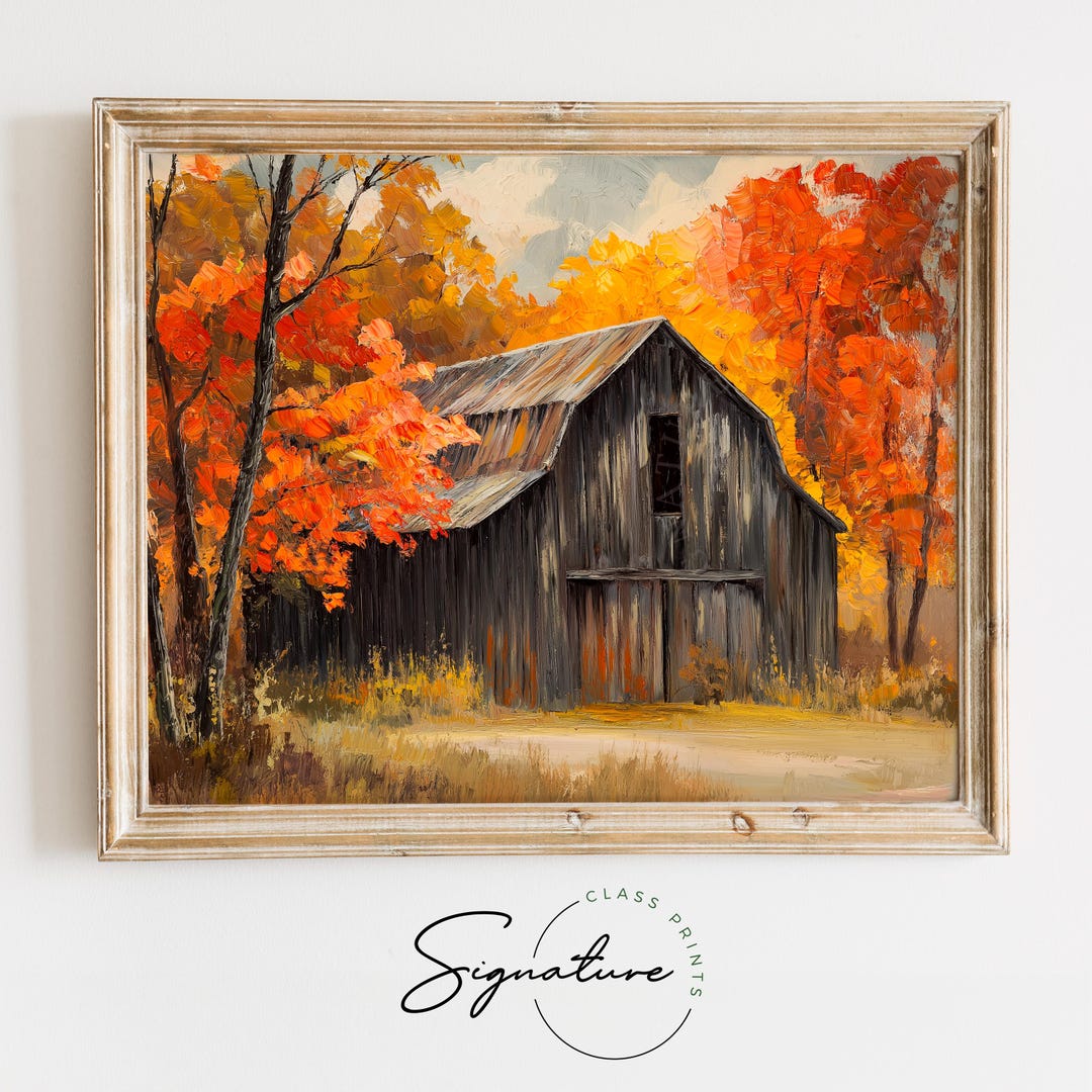 Printable Autumn Barn Painting - Weathered Wooden Barn Surrounded by ...