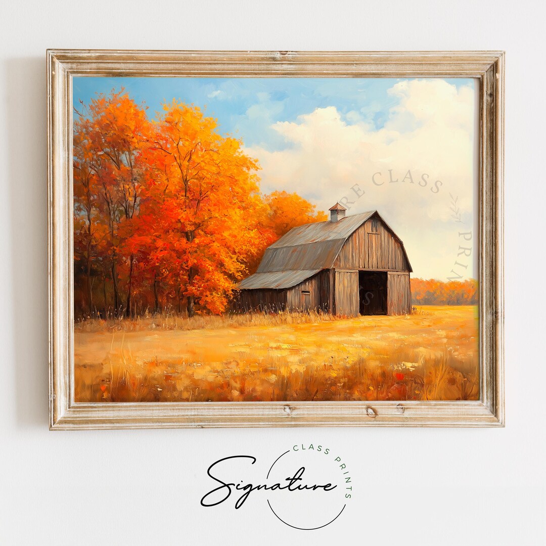 Rustic Barn Amid Autumn Fields Painting, Earthy Farmhouse Fall Decor ...