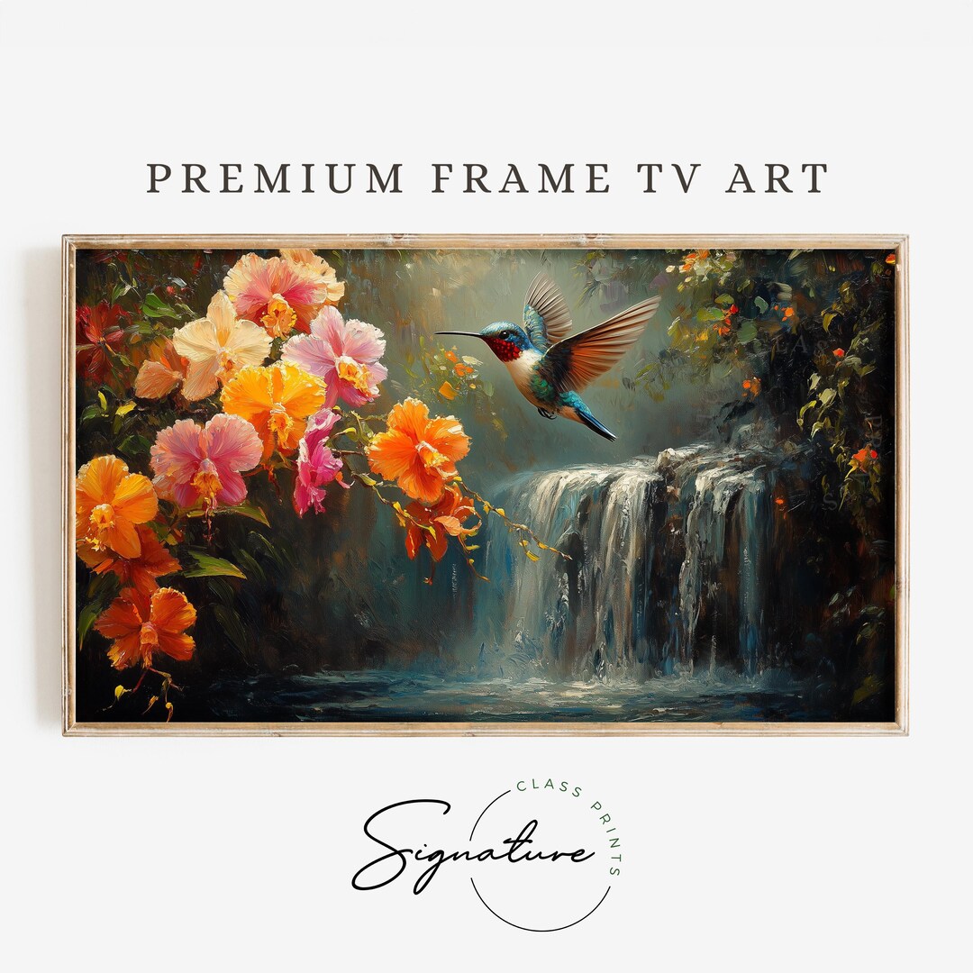 Hummingbird Waterfall Floral TV Art Spring, Samsung Frame TV Art ...
