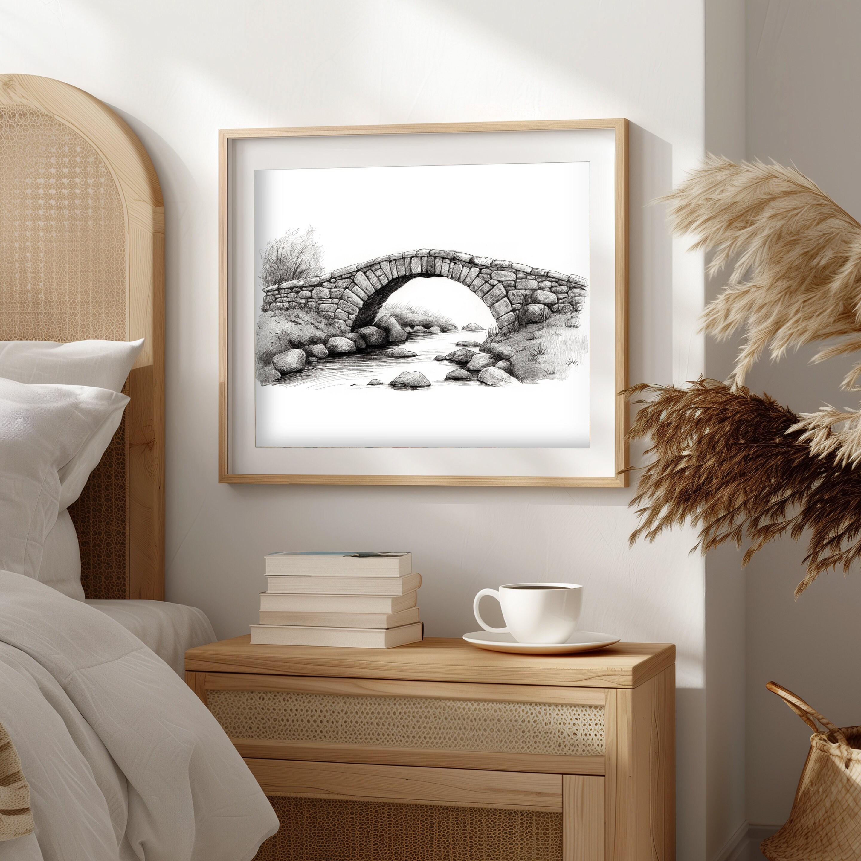 Old Stone Bridge Over a Creek Sketch - Rustic Landscape Drawing ...