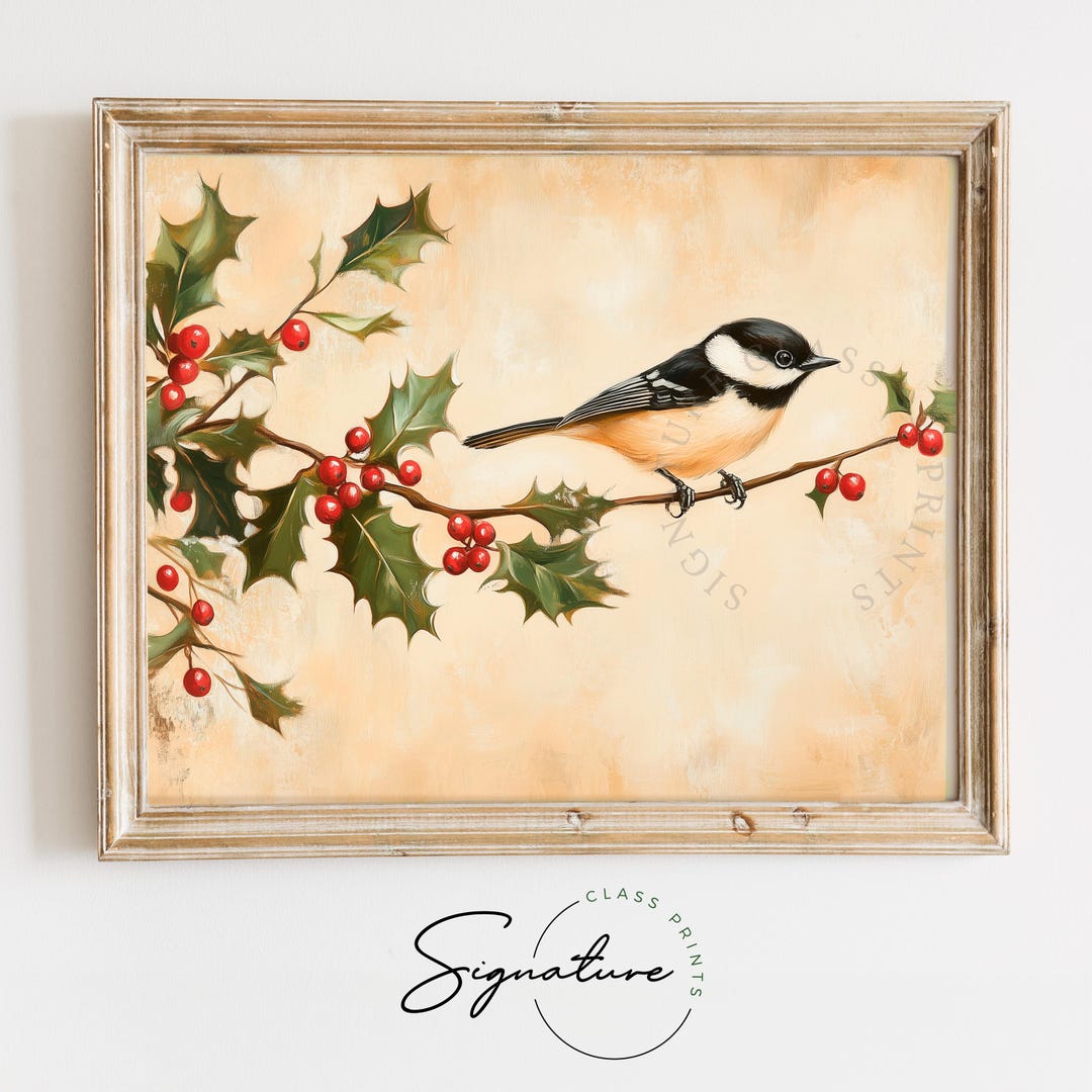 Black-capped Chickadee With Holly and Berries Christmas Bird Print ...