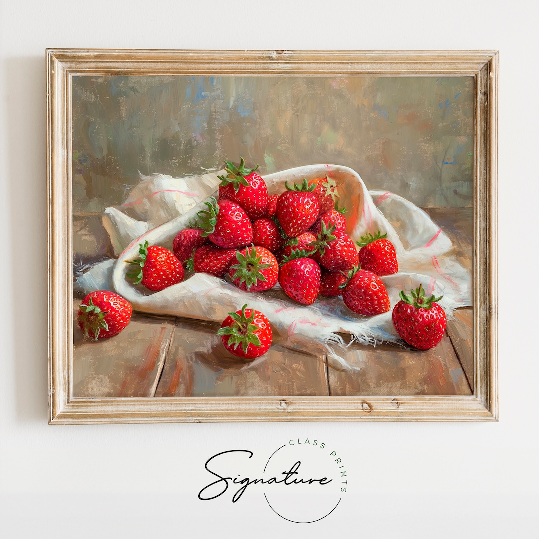 Printable Strawberry Still Life - Summer Berries on Linen Napkin Art ...
